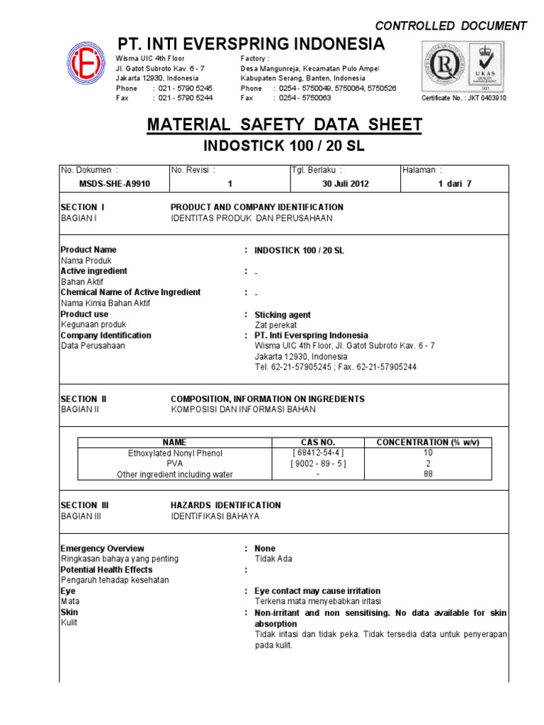 MSDS INDOSTICK 100/20 SL | PDF