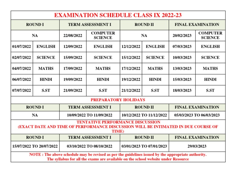 Class9 Exam Schedule | PDF