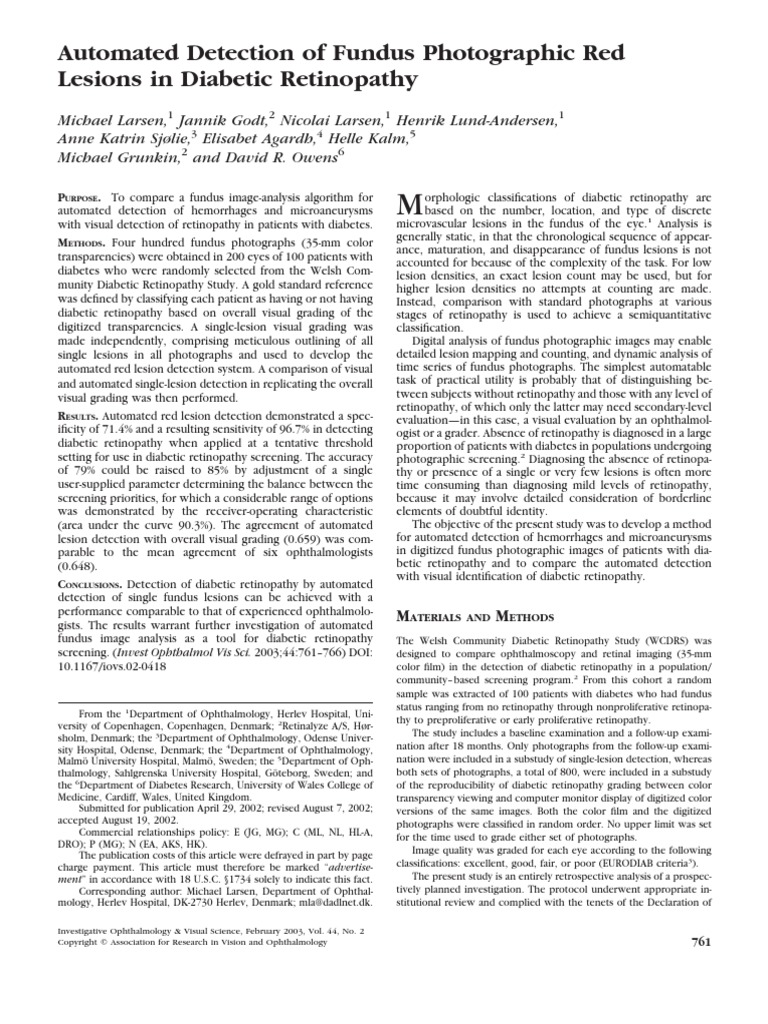 Automated Detection Of Fundus Photograph Pdf Sensitivity And Specificity Vision