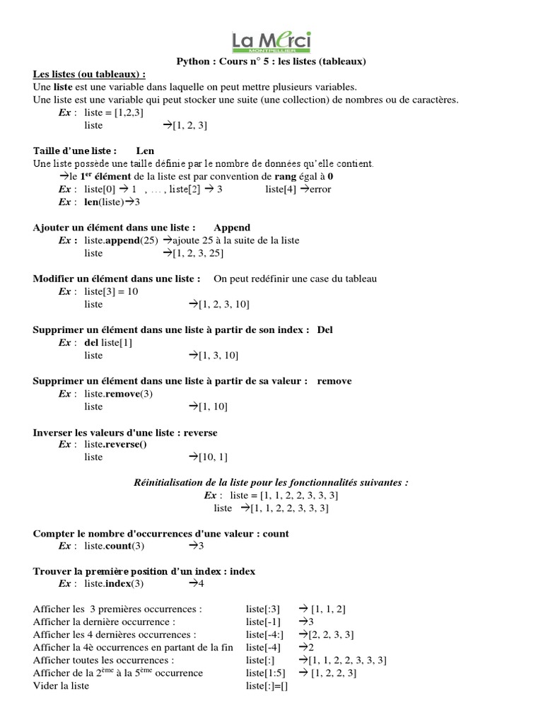 Cours de Python - 5 - Les Tableaux | PDF | Programmation informatique | Informatique