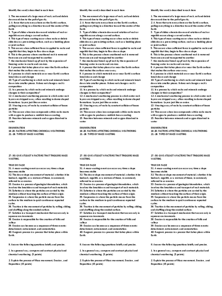 Long Quiz.. Exogenic Process | PDF | Erosion | Rock (Geology)