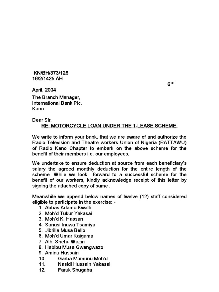 Motorcycle Loan Authorization Letter | PDF | Business | Finance & Money ...