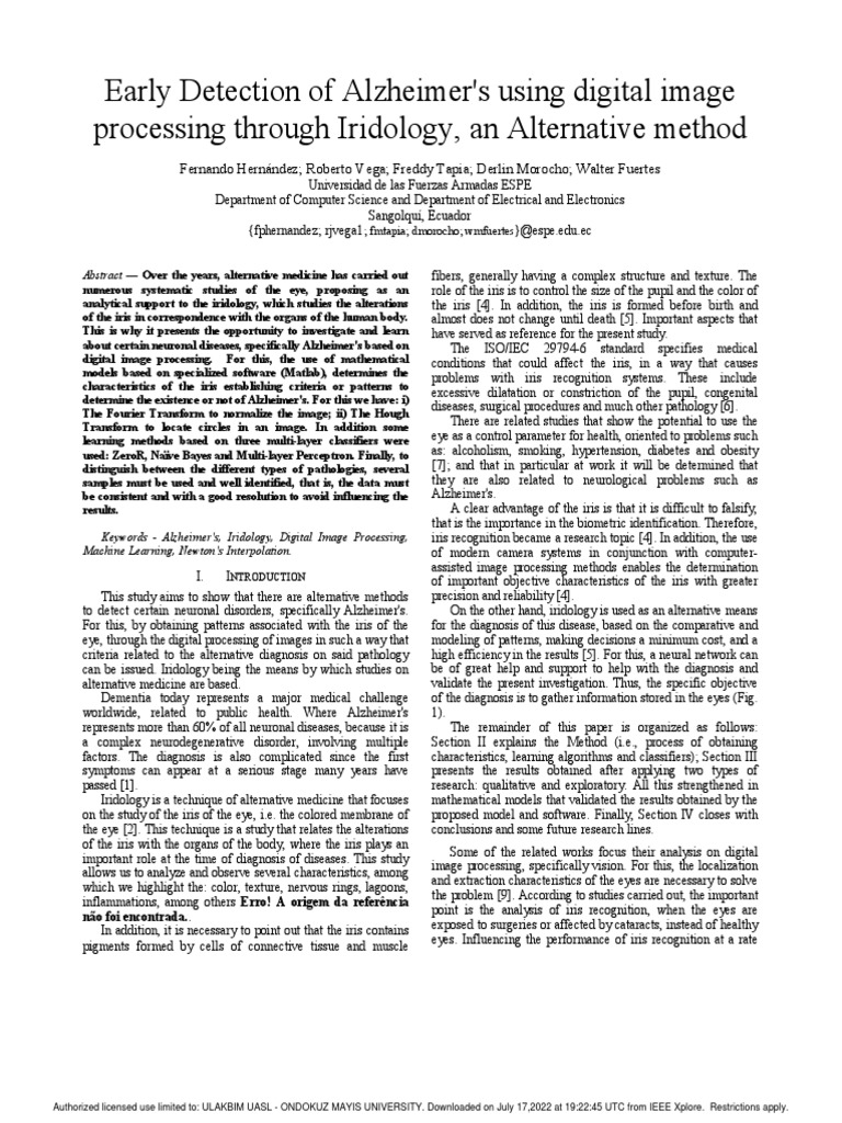 Early Detection Of Alzheimers Using Digital Image Processing Through Iridology An Alternative