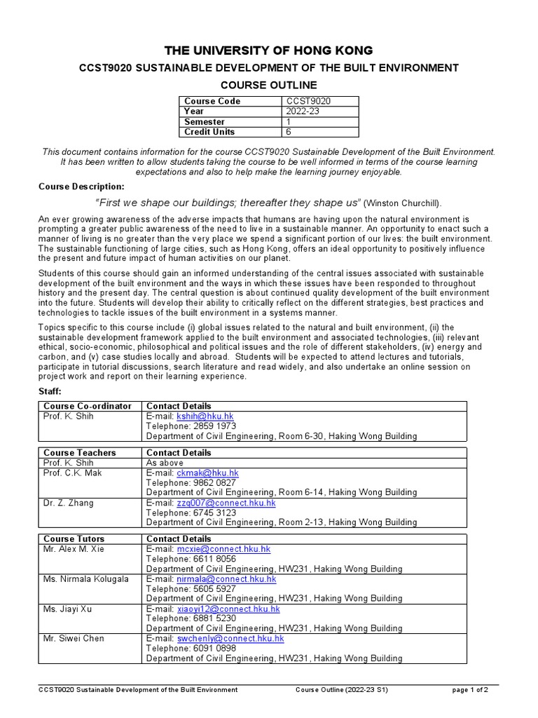 HKU Course Outline for Sustainable Built Environments | PDF ...