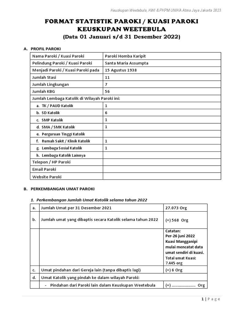 Statistik Umat Paroki Santa Maria Assumpta Homba Karipit 2022 | PDF