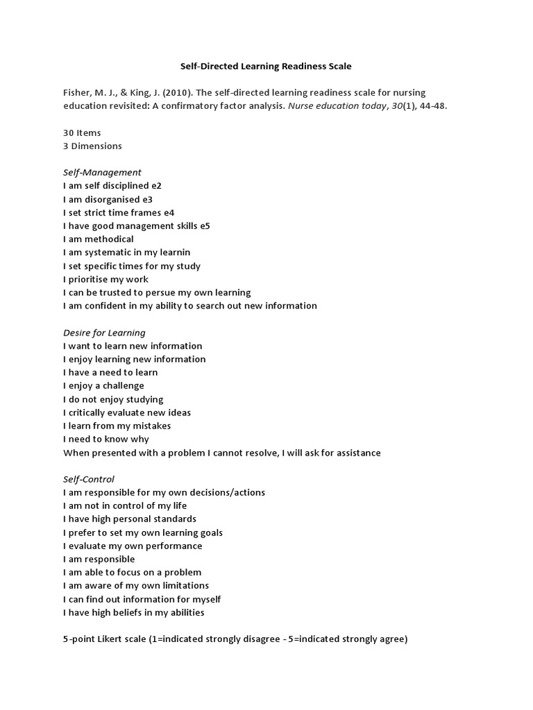 Self-Directed Learning Readiness Scale | PDF