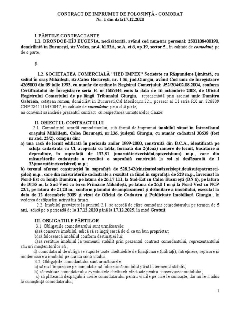 Contract de Comodat | PDF