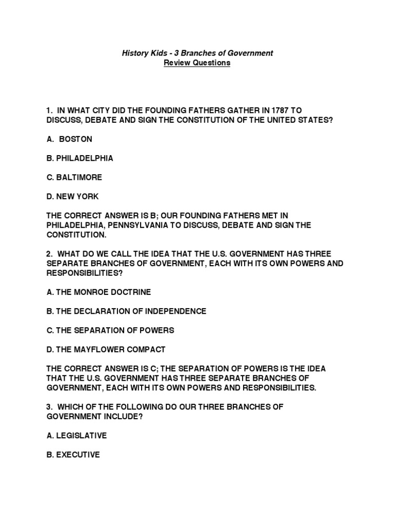 Quiz on Three Branches of Government | PDF | United States Congress ...