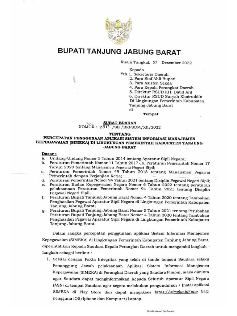 SE Bupati TTG Penggunaan SIMEKA | PDF