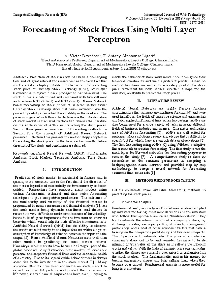 Forecasting of Stock Prices Using Multi Layer Perceptron | PDF | Business
