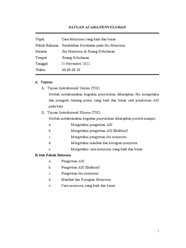 Satuan Acara Penyuluhan Sap Cara Menyusu | PDF