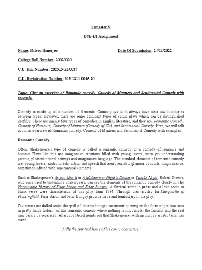 DSE-B1 Assignment | PDF | Comedy | Restoration Comedy
