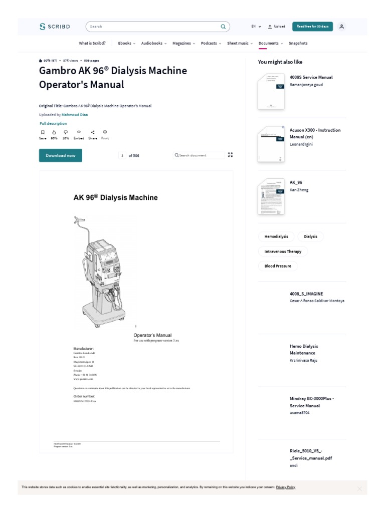 WWW Scribd Com Doc 36900698 Gambro AK 96 Dialysis Machine Operator S Manual | PDF | Hemodialysis ...