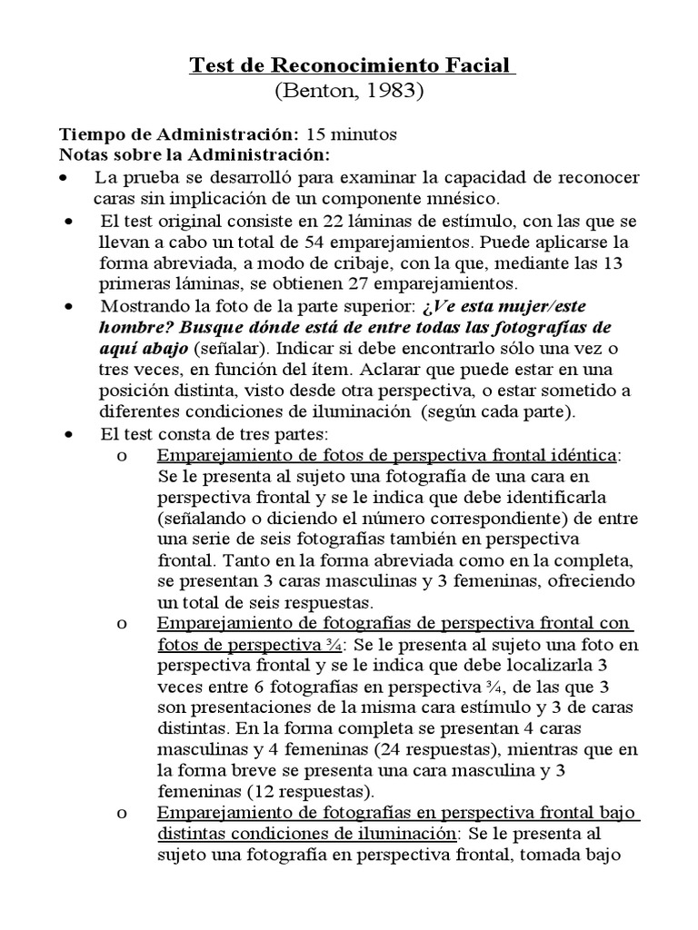 Test Benton: Reconocimiento Facial | PDF | Ciencia cognitiva | Sicología