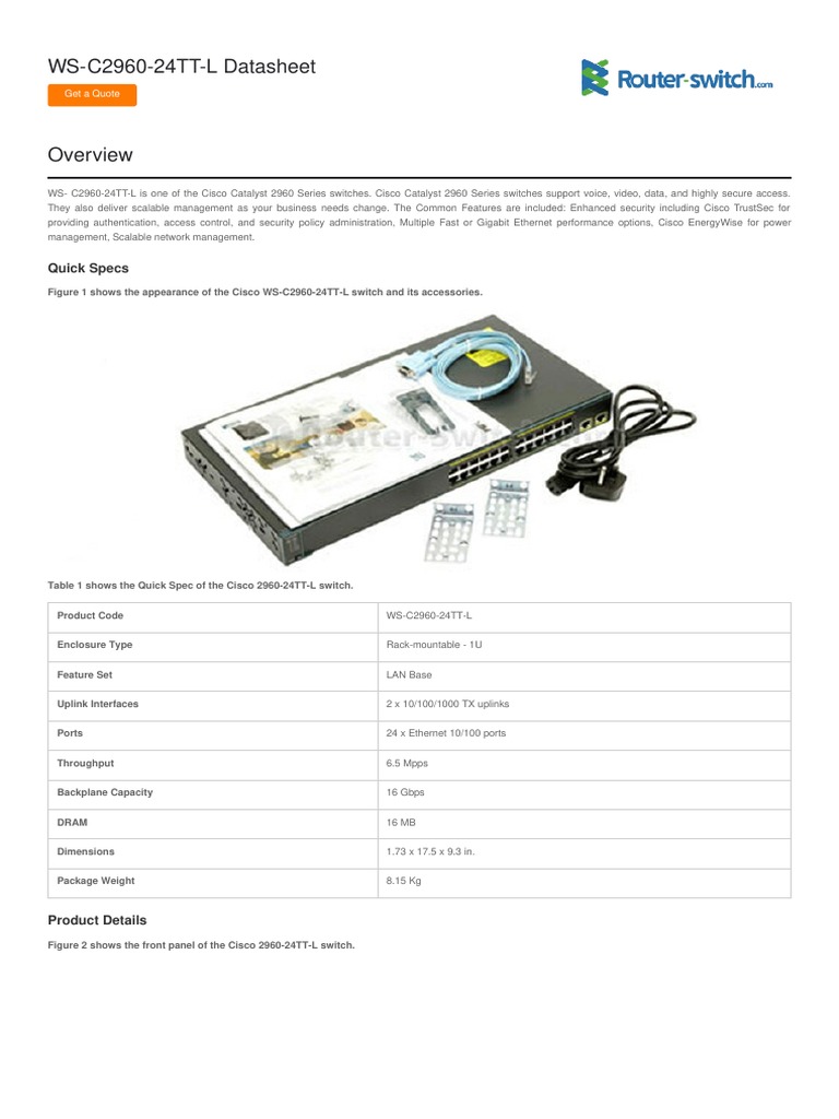 Ws c2960 24tt L Datasheet | PDF | Network Switch | Ethernet