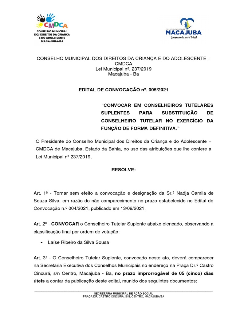 Convocação Do Suplente Para Conselho Tutelar Pdf Justiça Crime E
