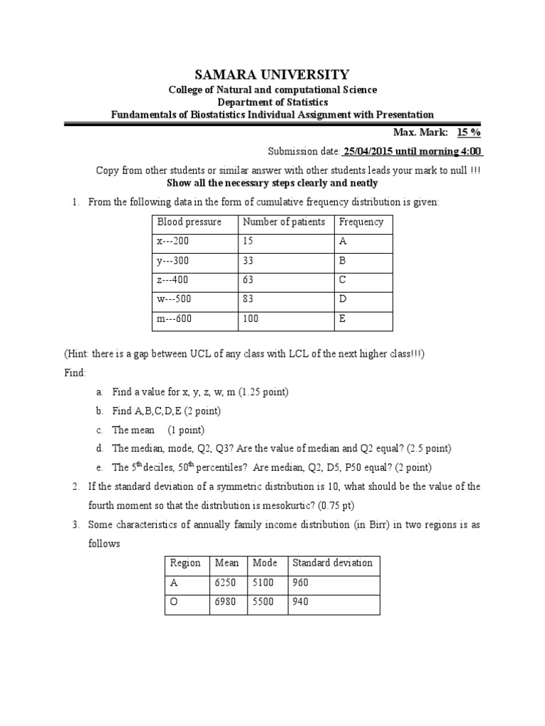 Individual Assignment Fundamental of Biostatistics | PDF | Skewness | Median