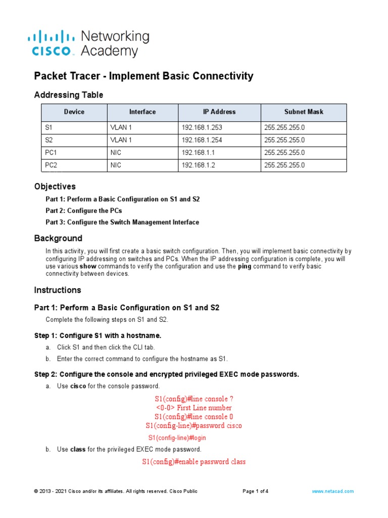 2.7.6 Packet Tracer - Implement Basic Connectivity | PDF | Command Line Interface | Ip Address