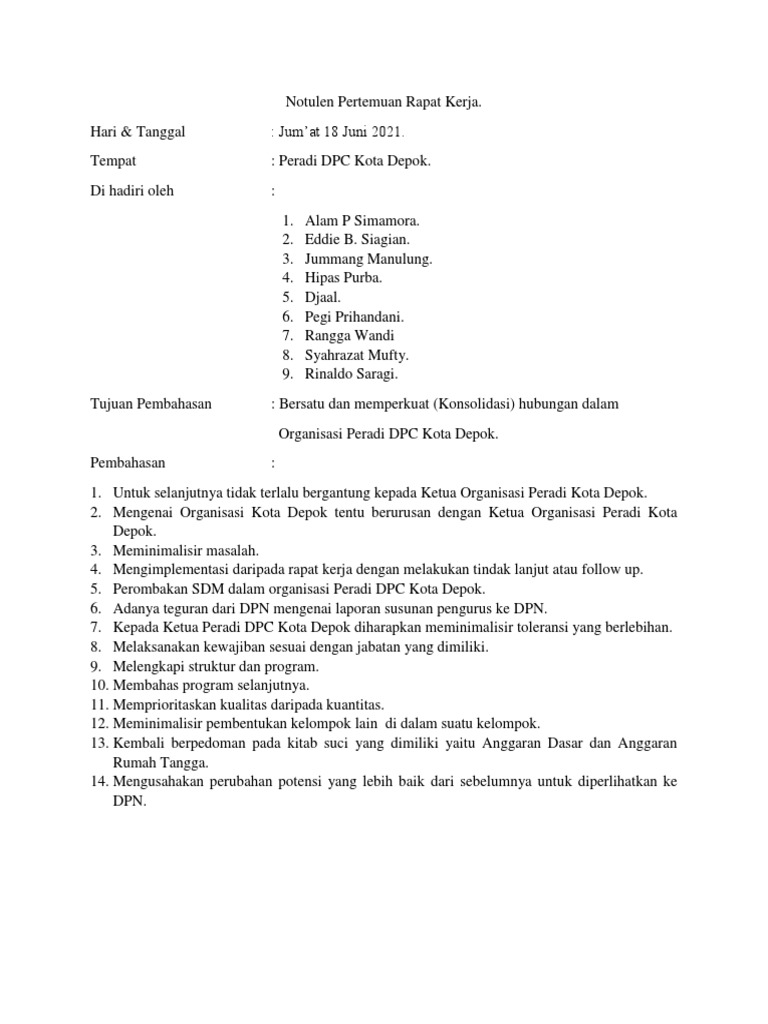 Notulen Rapat Kerja Peradi DPC Depok | PDF | Pengelolaan Keuangan & Uang