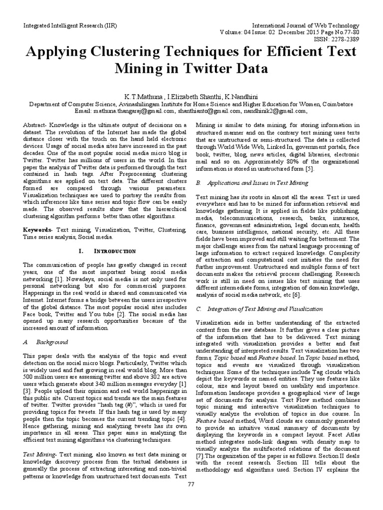 Applying Clustering Techniques For Efficient Text Mining In Twitter Data Pdf