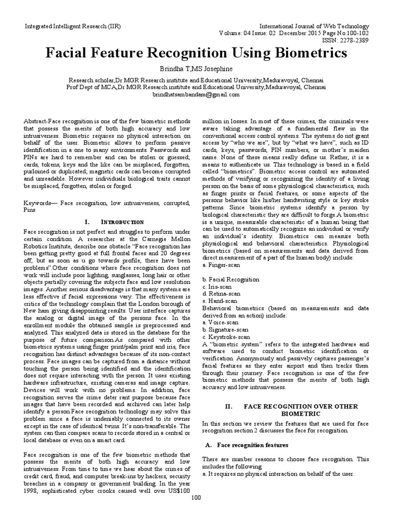 Facial Feature Recognition Using Biometrics Pdf Biometrics