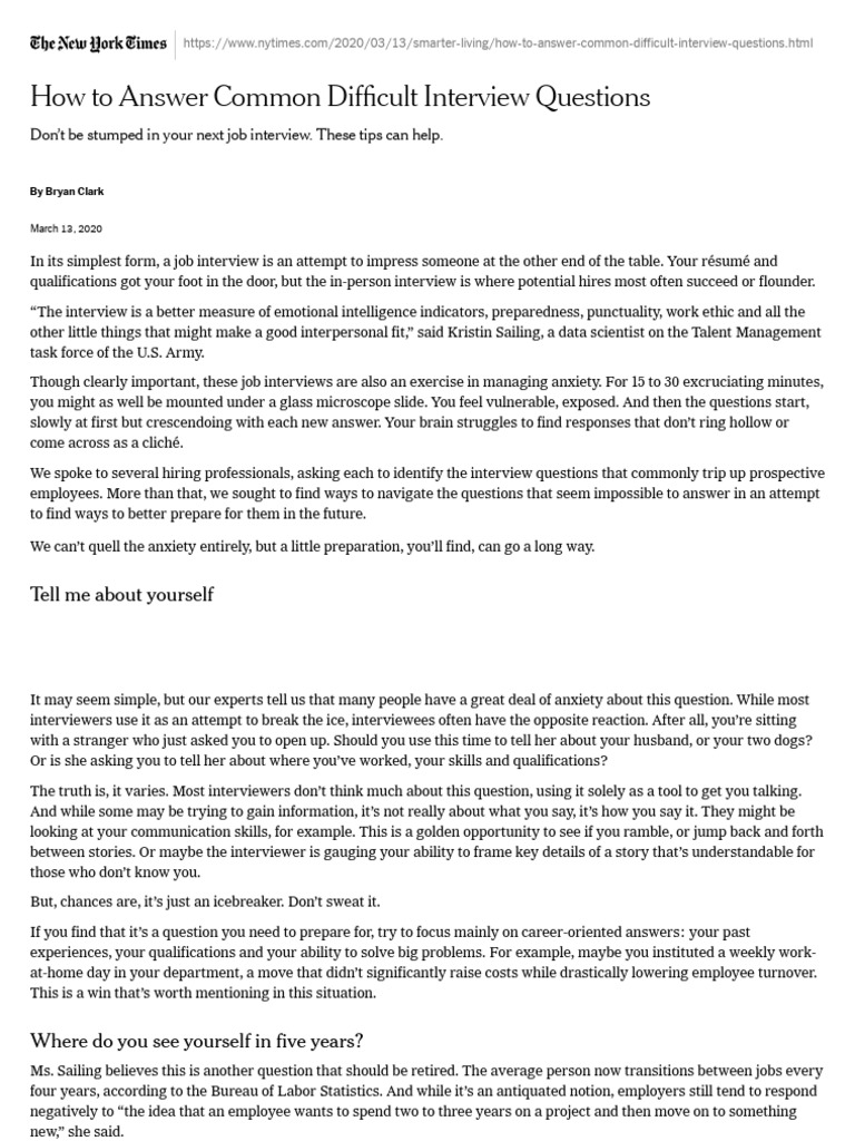 NYT - How To Answer Common Difficult Interview Questions - The New York Times | PDF | Job ...