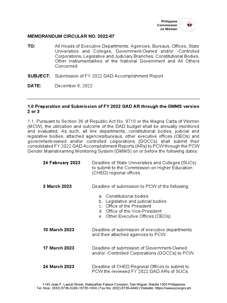 PCW Memorandum Circular No. 2022 07 - Submission of FY 2022 GAD ...