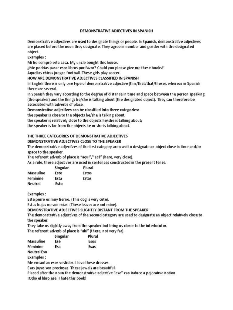 Demonstrative Adjectives in Spanish | PDF | Grammatical Gender ...