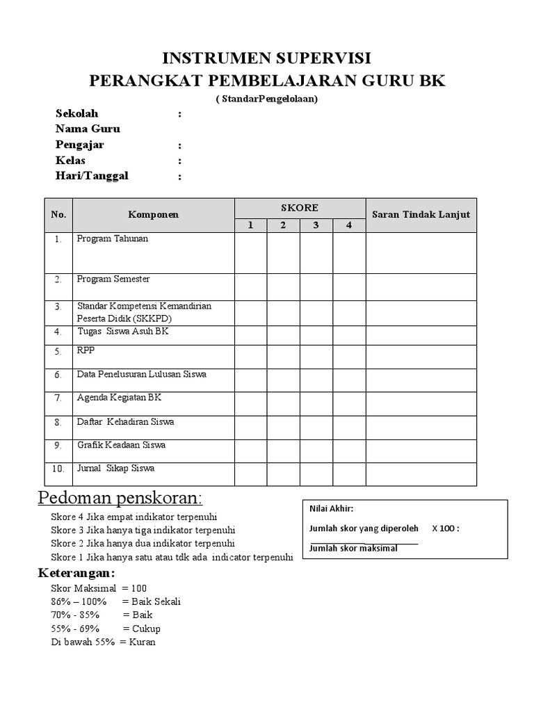 Instrumen Supervisi BK | PDF