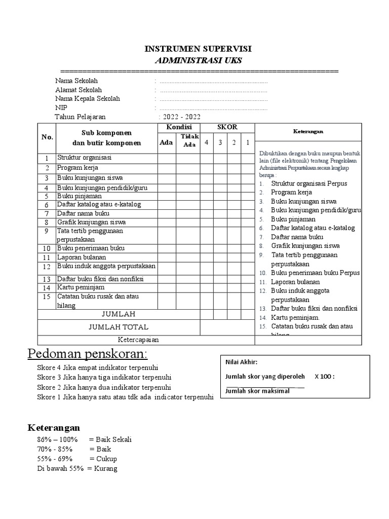INSTRUMEN SUPERVISI Tata Usaha UKS | PDF