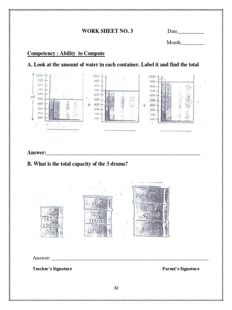 CBSE Class 4 Maths Revision Worksheet (54) - Jugs and Mugs | PDF