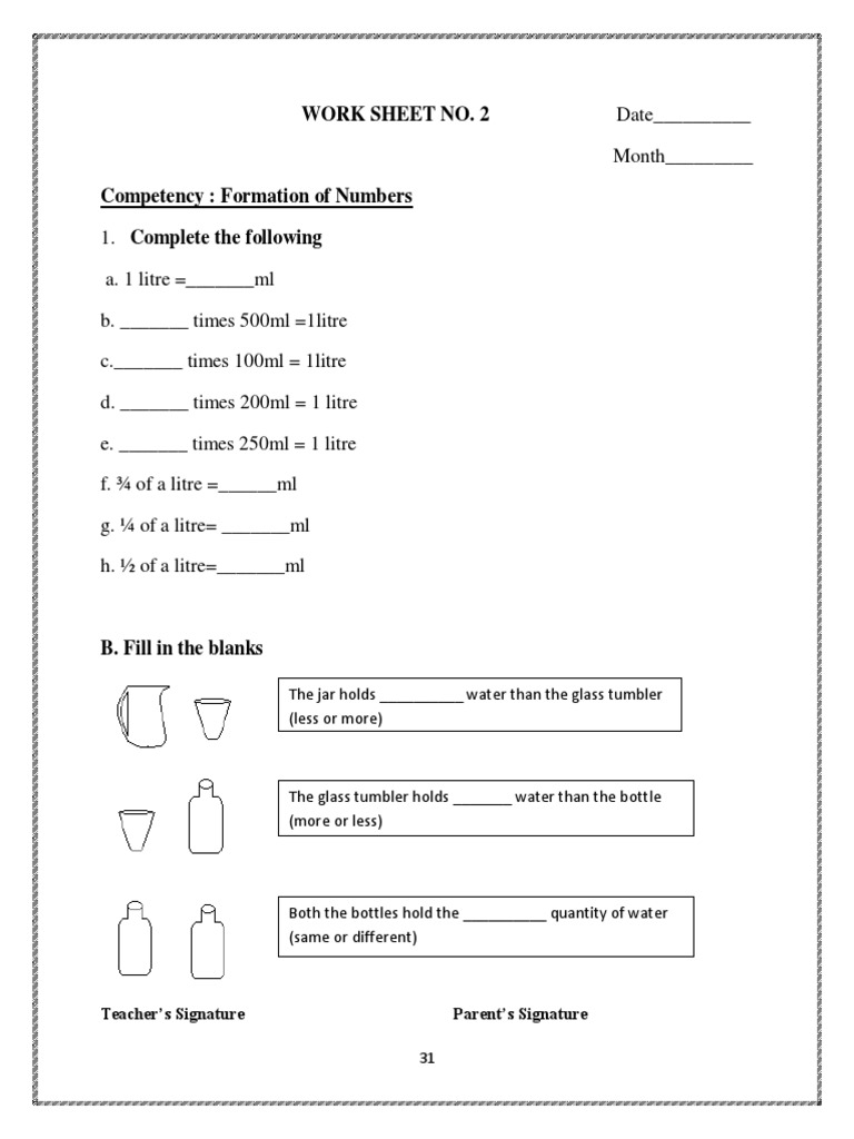 CBSE Class 4 Math Revision Worksheet-Jugs and Mugs | PDF