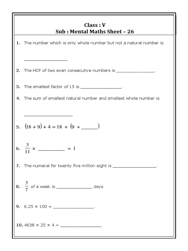 CBSE Class 5 Mathematics Worksheet - Mental Maths | PDF