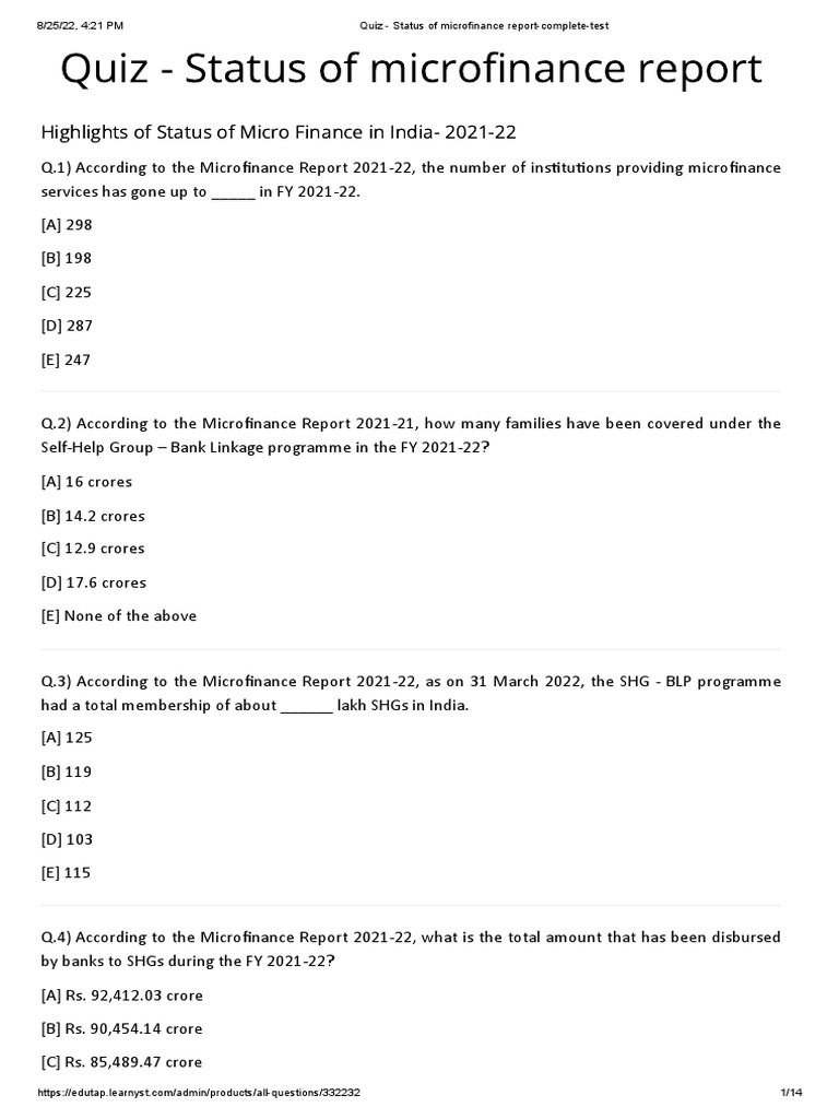 Quiz - Status of Microfinance Report-Complete-Test Lyst5978 | PDF ...