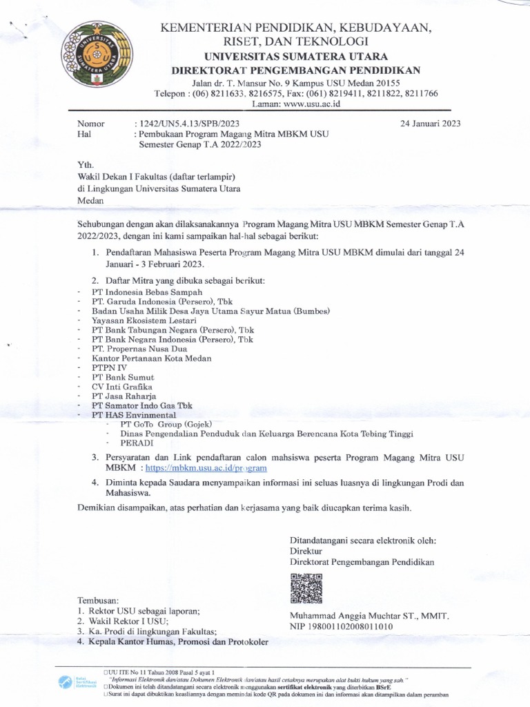 Pembukaan Program Magang Mitra MBKM USU Semester Genap 2022-2023 | PDF
