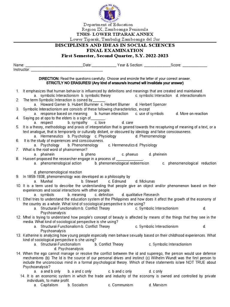 Final Examination for Disciplines and Ideas in Social Sciences at the ...