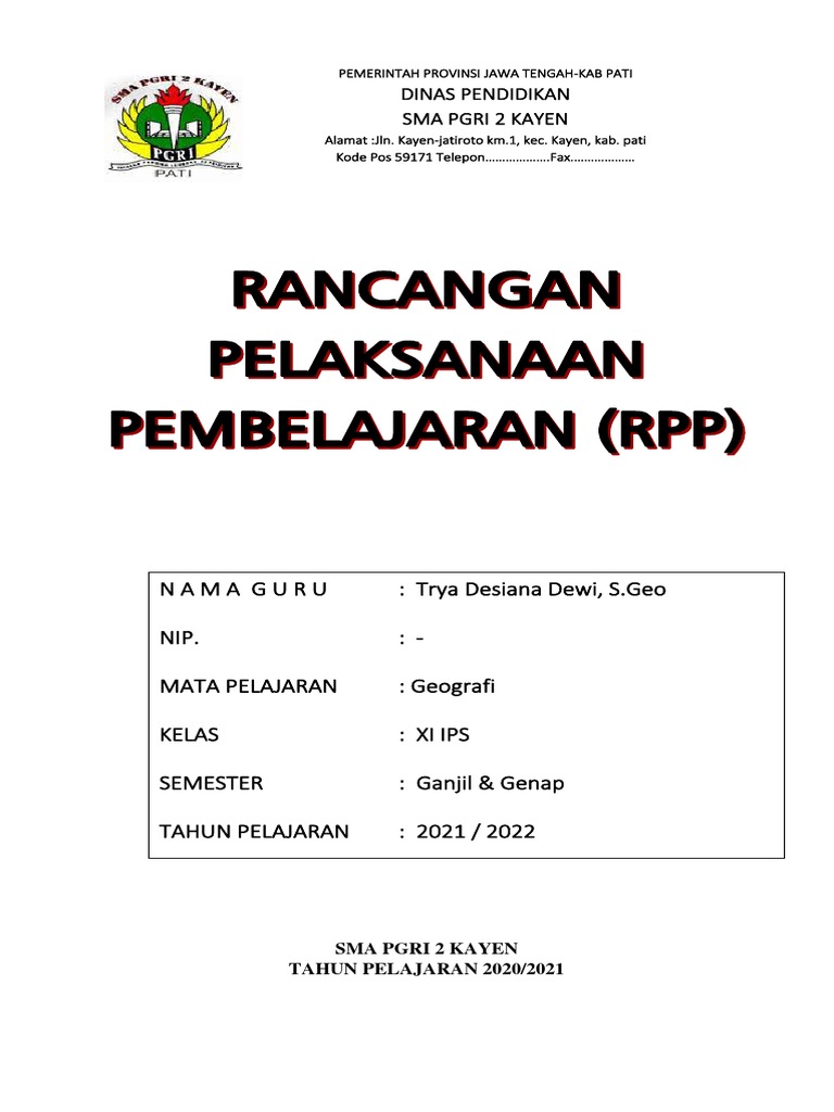 RPP Mapel Geografi Kelas Xi Ips 2021-2022 Sma Pgri 2 Kayen | PDF
