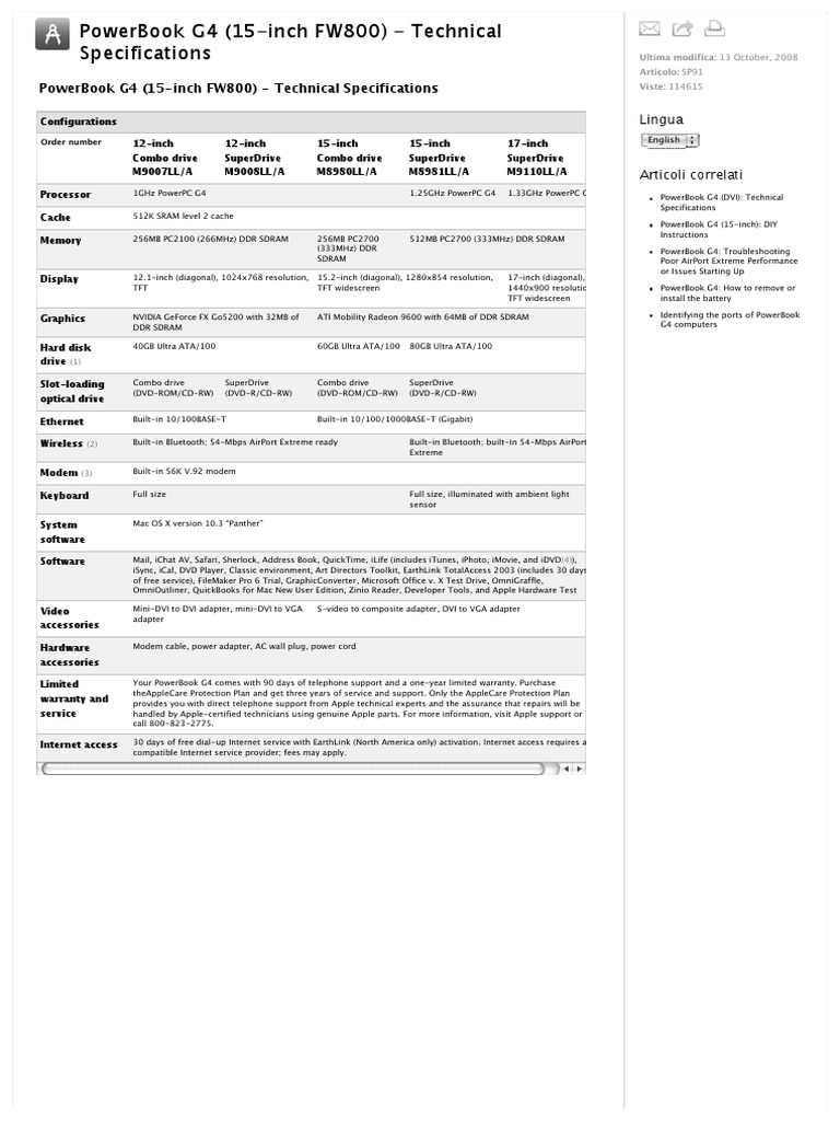 PowerBook G4 (15-Inch FW800) - Technical Specifications | PDF ...