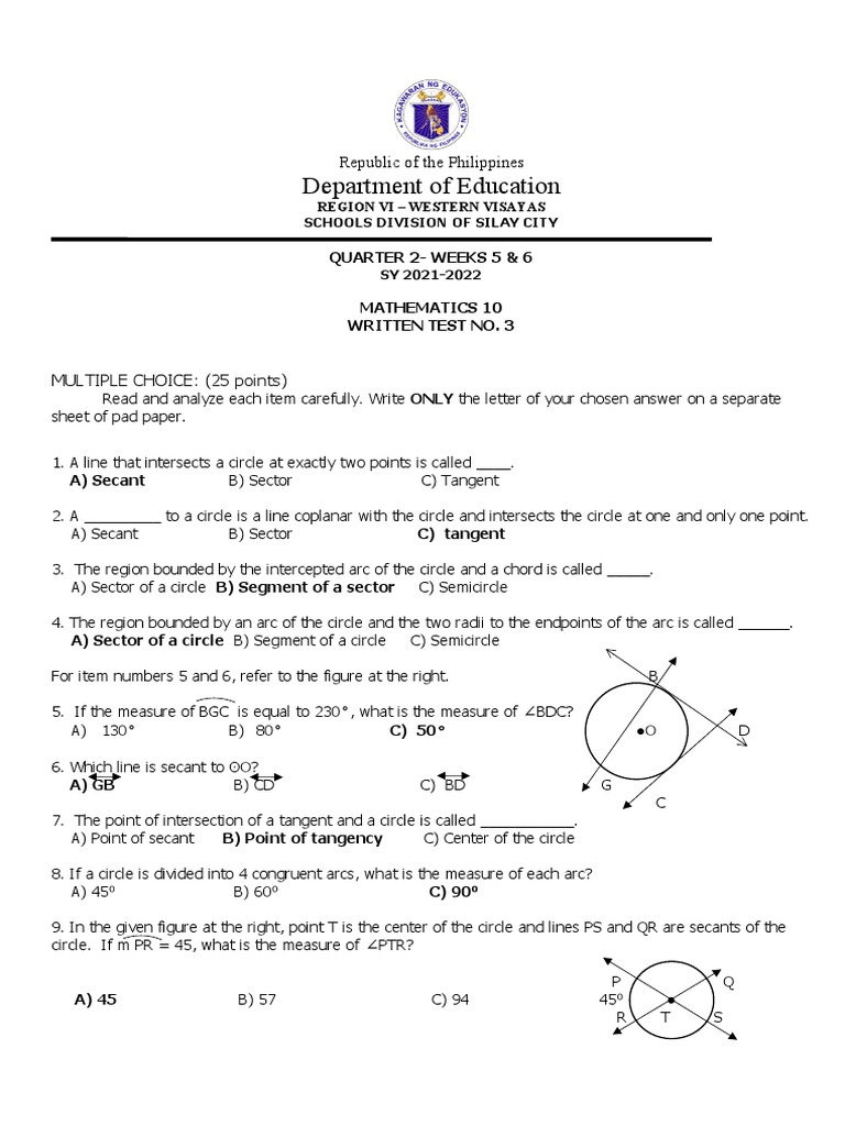 Math G10 Q2 WT 3 | PDF | Circle | Tangent