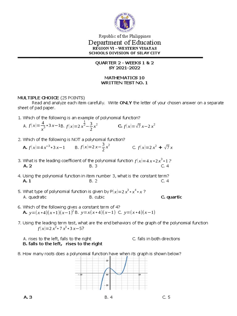 Math 10 Q2 WT1 | PDF | Polynomial | Function (Mathematics)