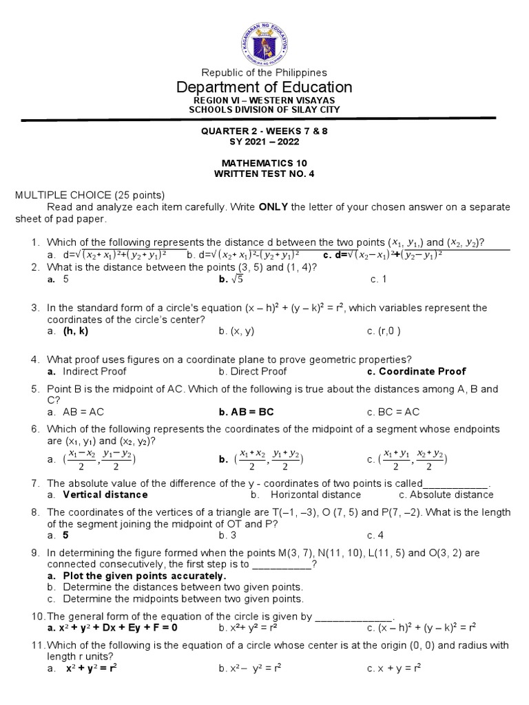 Math G10 Q2 WT 4 | PDF | Circle | Cartesian Coordinate System