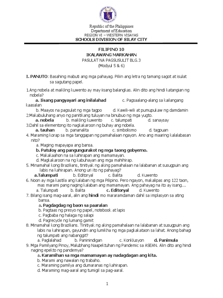 Fil10 q2 Pp3 Pagsusulit | PDF