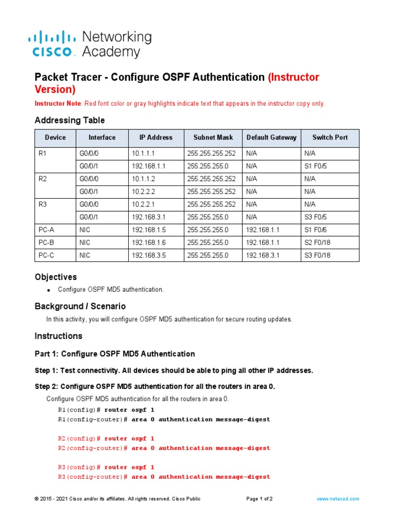 6.3.7 Packet Tracer - Configure OSPF Authentication - ILM | PDF | Router (Computing) | Network ...