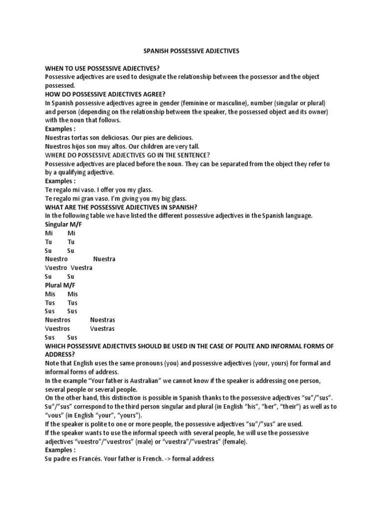 Spanish Possessive Adjectives Guide | PDF | Grammatical Gender ...
