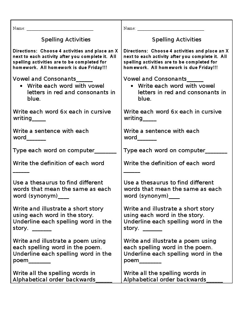 Spelling Homework Activities for Kids | PDF