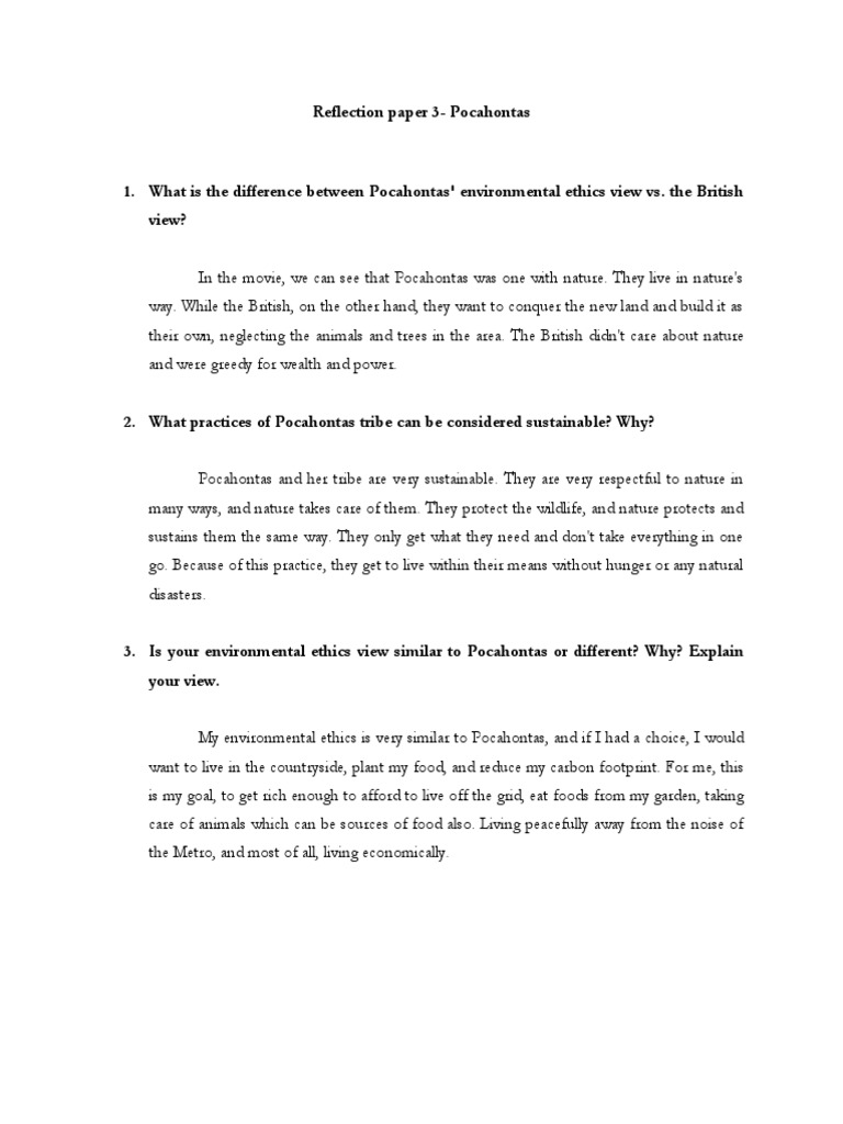 Reflection Paper 3 - Pocahontas | PDF | Nature | Sustainability