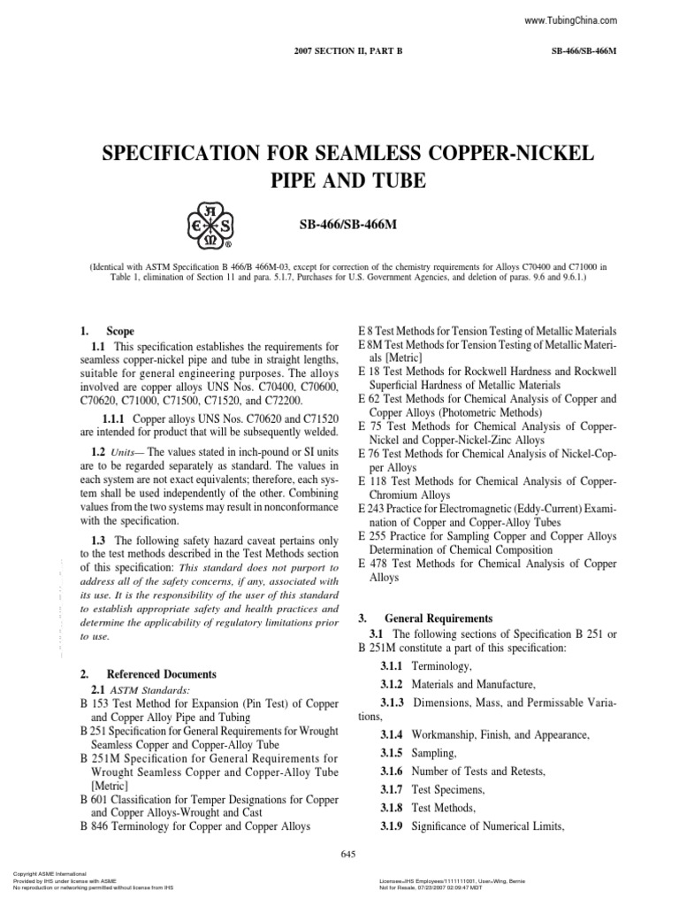 Asme SB466 | PDF | Pipe (Fluid Conveyance) | Engineering Tolerance
