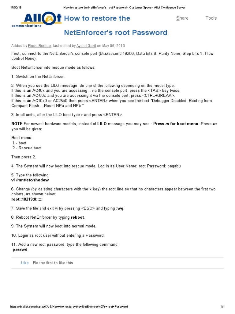 How To Restore The NetEnforcer's Root Password - Customer Space - Allot ...