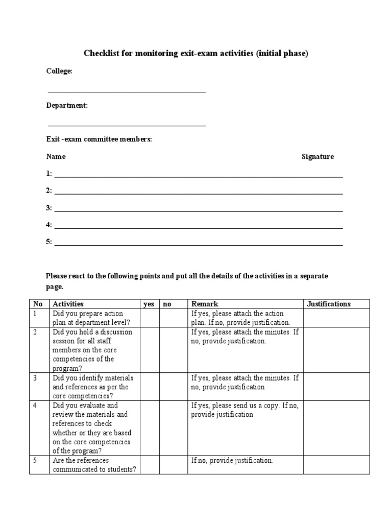 Checklist For Monitoring Exit-Exam Activities | PDF