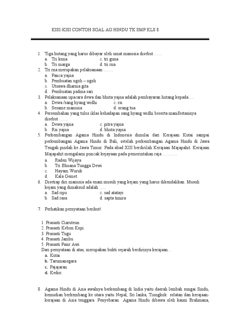 Kisi-Kisi CTH Soal Ag - Hindu TK SMP | PDF | Ilmu Sosial | Agama & Spiritualitas